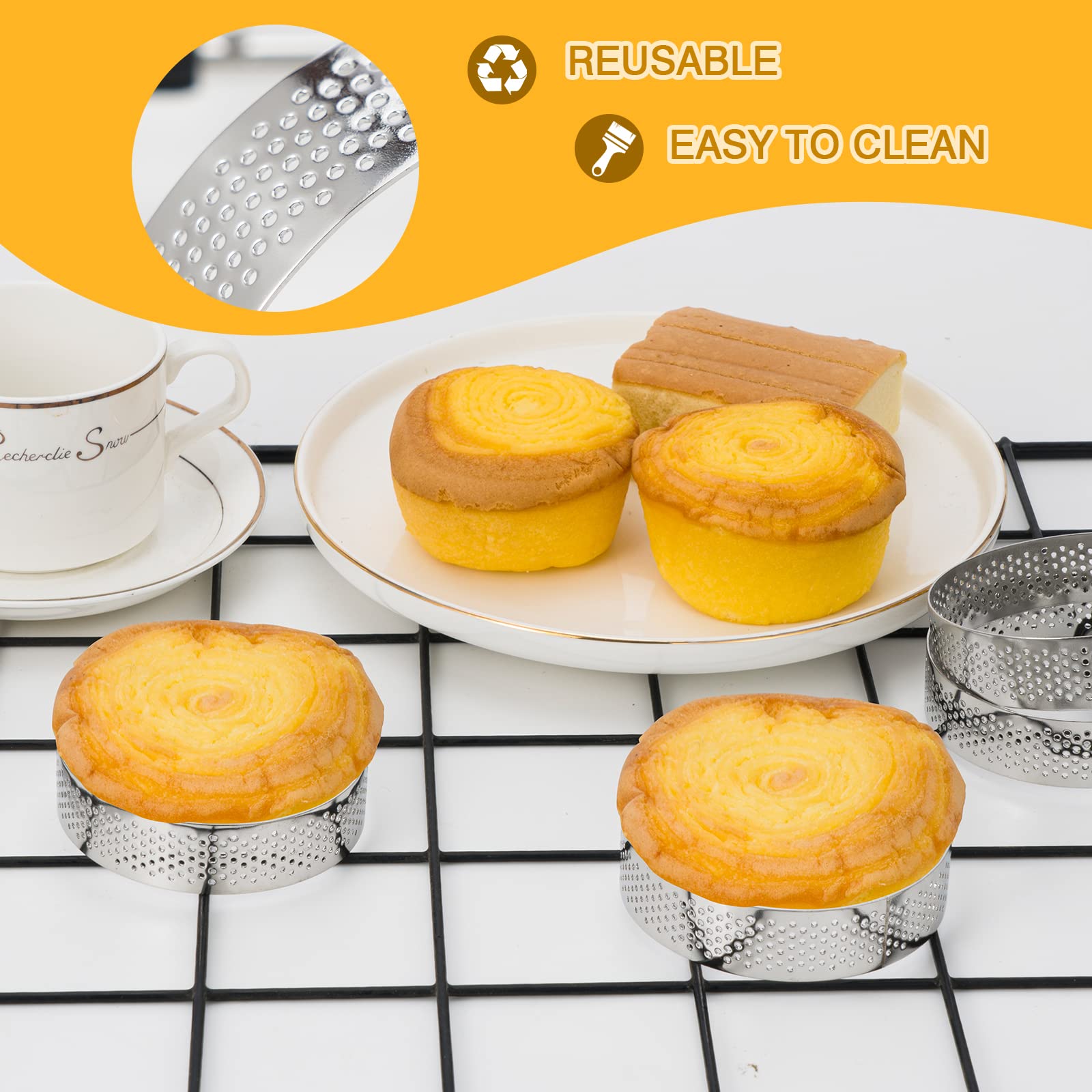 Katisun 5 Pack 3.15 Inch Round Tart Rings Stainless Steel Tart Pastry Rings with Hole cake mold ring for Baking Perforated Circle Tartlet 3 inch