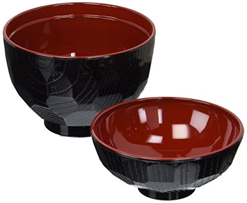 JapanBargain 1904x2, Set of 2 Miso Soup Bowl with Lid Japanese Rice Bowl Traditional Plastic Lacquered Black and Red Bowl Made in Japan