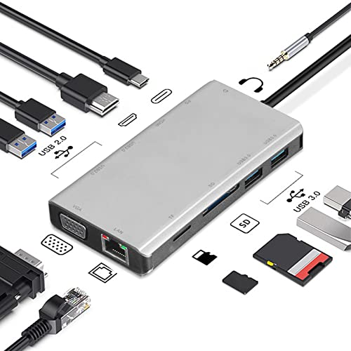OCUhome 11-in-1 USB C Hub, High Speed Mini Docking Station, Universal Type-C Adapter Dongle with 4 USB Ports SD/TF Card Reader VGA Silver Gray