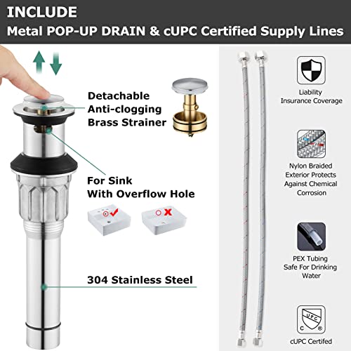 PARLOS 2 Handles Waterfall Bathroom Faucet with Pop-up Drain and Faucet Supply Lines, Brushed Nickel, Doris 14068