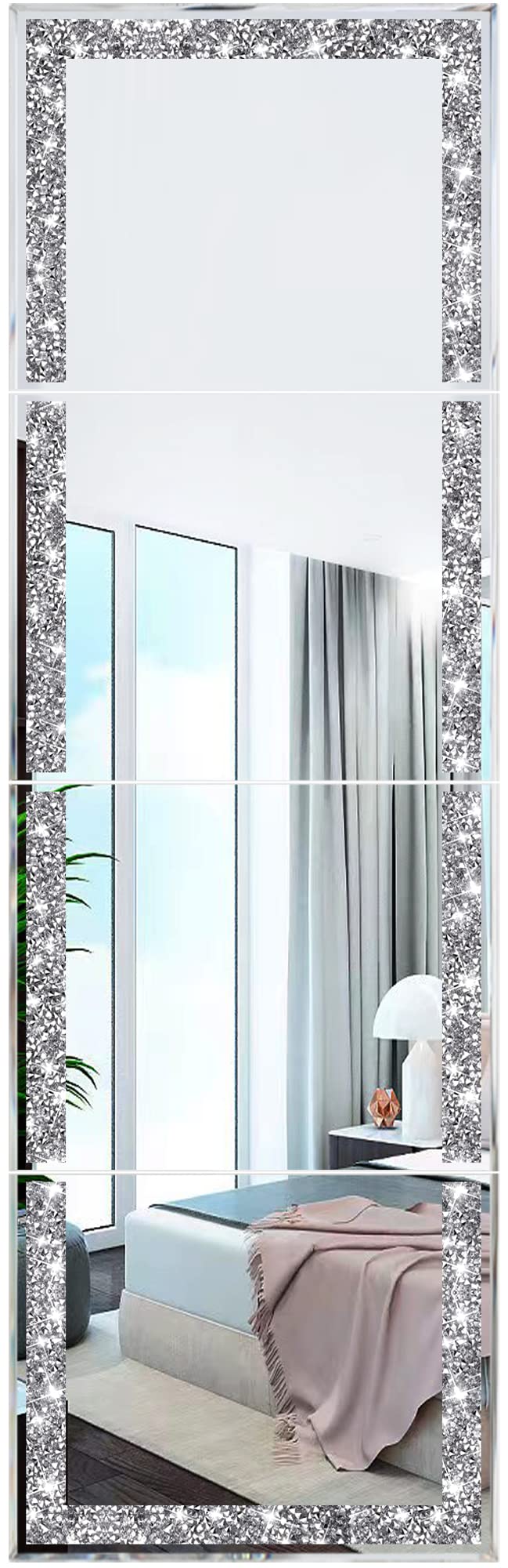 Meetart Full Length Mirror Tiles,Crystal Crush Diamond Full Body Wall Mirror,14''x11'' 4PCS Glass Frameless Make Up Mirror for Home Decor,Room Decor,Wall Decor.