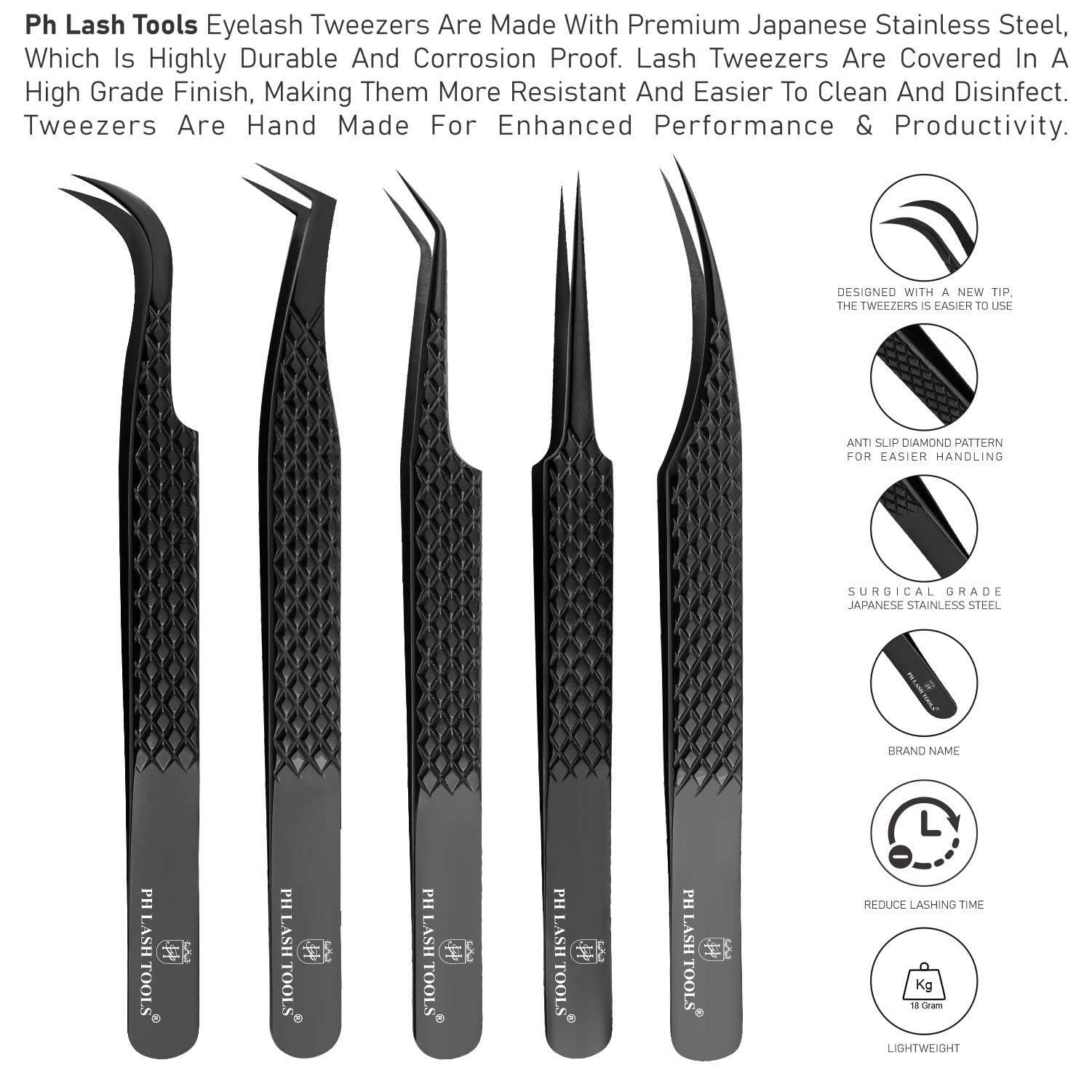 PHLASH TOOLS Pack of 5 Eyelash Extension Tweezers set. Japanese Stainless Steel Eye Lash Extensions Kit with Curved, Straight, C-Point Isolation, L-Type 75°, Wide Tip, 45° Volume Eyelash Tweezers