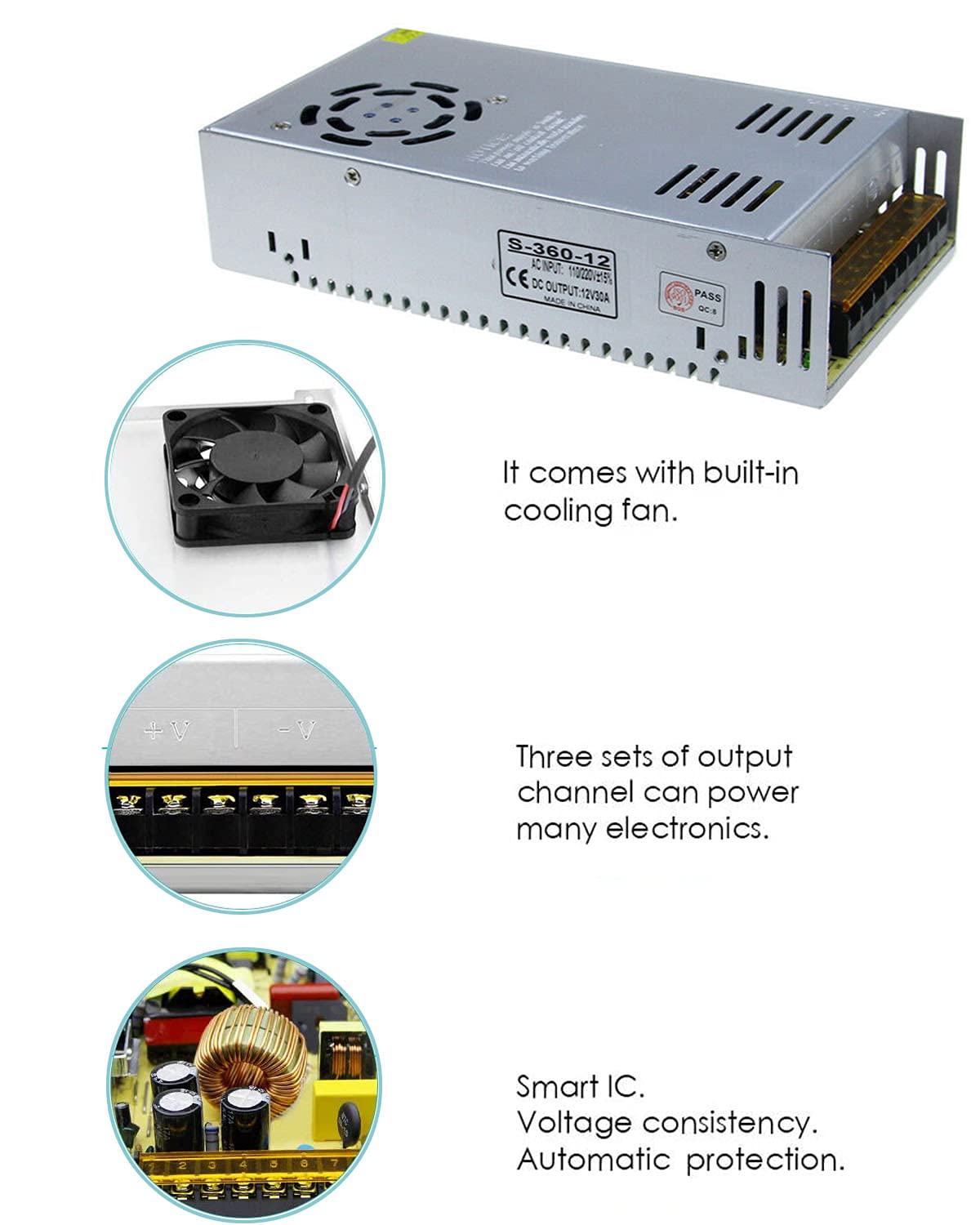 MTYTOT 12V 30A DC Universal Regulated Switching Power Supply 110-240 Volt AC to DC 360w Transformer Adapter Driver for 3D Printer, CCTV, Radio, LED Strip Lights,Computer Project