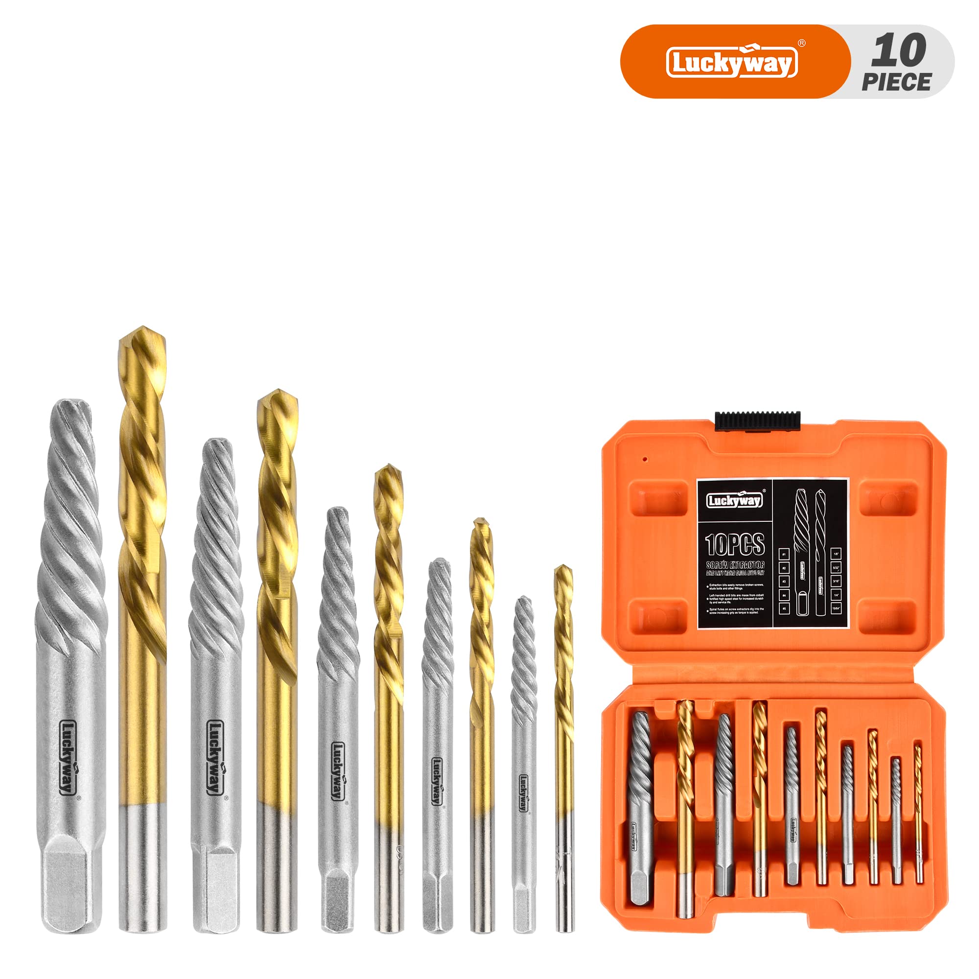 Luckyway 10-Piece Screw Extractor and Left Hand Drill Bit Set, Bolt Extractors, for Removing Broken Studs, Bolts, Socket Screws, and Fittings
