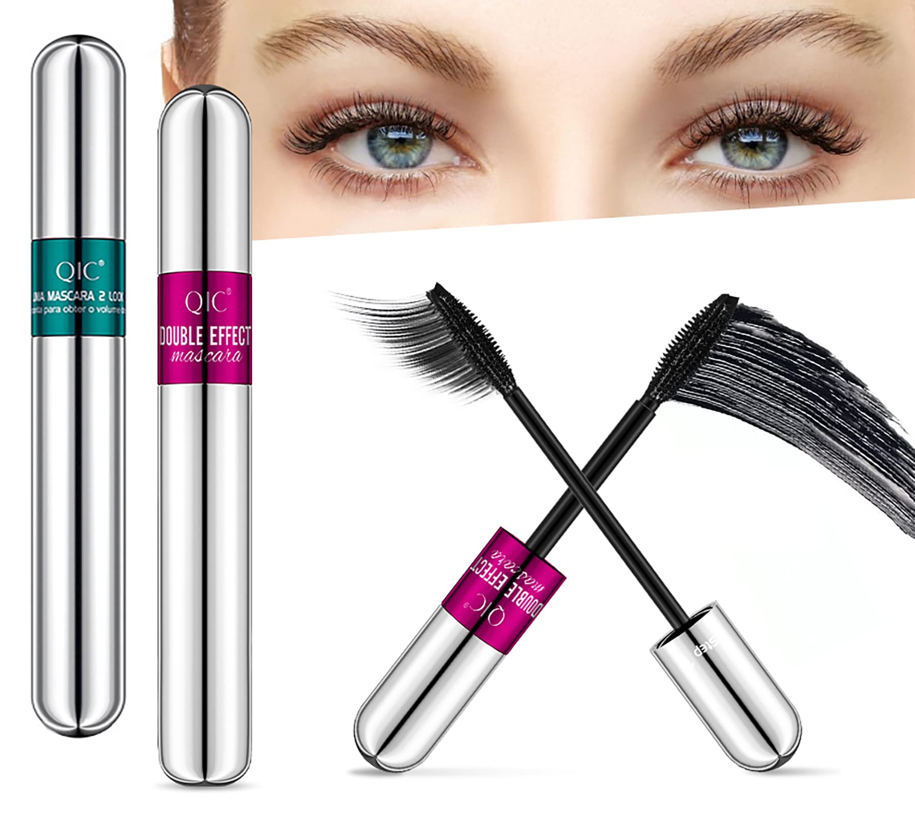Moakxer 2PCS 4D Silk Fiber Lash Mascara,2 in 1 Mascara,Volume and Length Black Mascara Natural Lengthening And Thickening Effect,Smudge-proof (A)