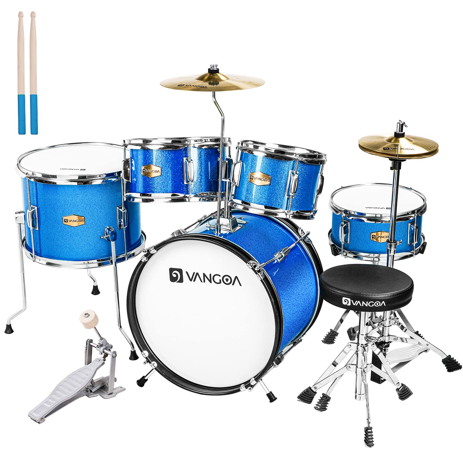 Kids Drum Set, 5 Piece Junior Drum Set for Beginner, 16 Inch Drum Set for Student Children Teens Starter Kits with Adjustable Throne Cymbal Pedal Drumsticks Bright Blue, by Vangoa
