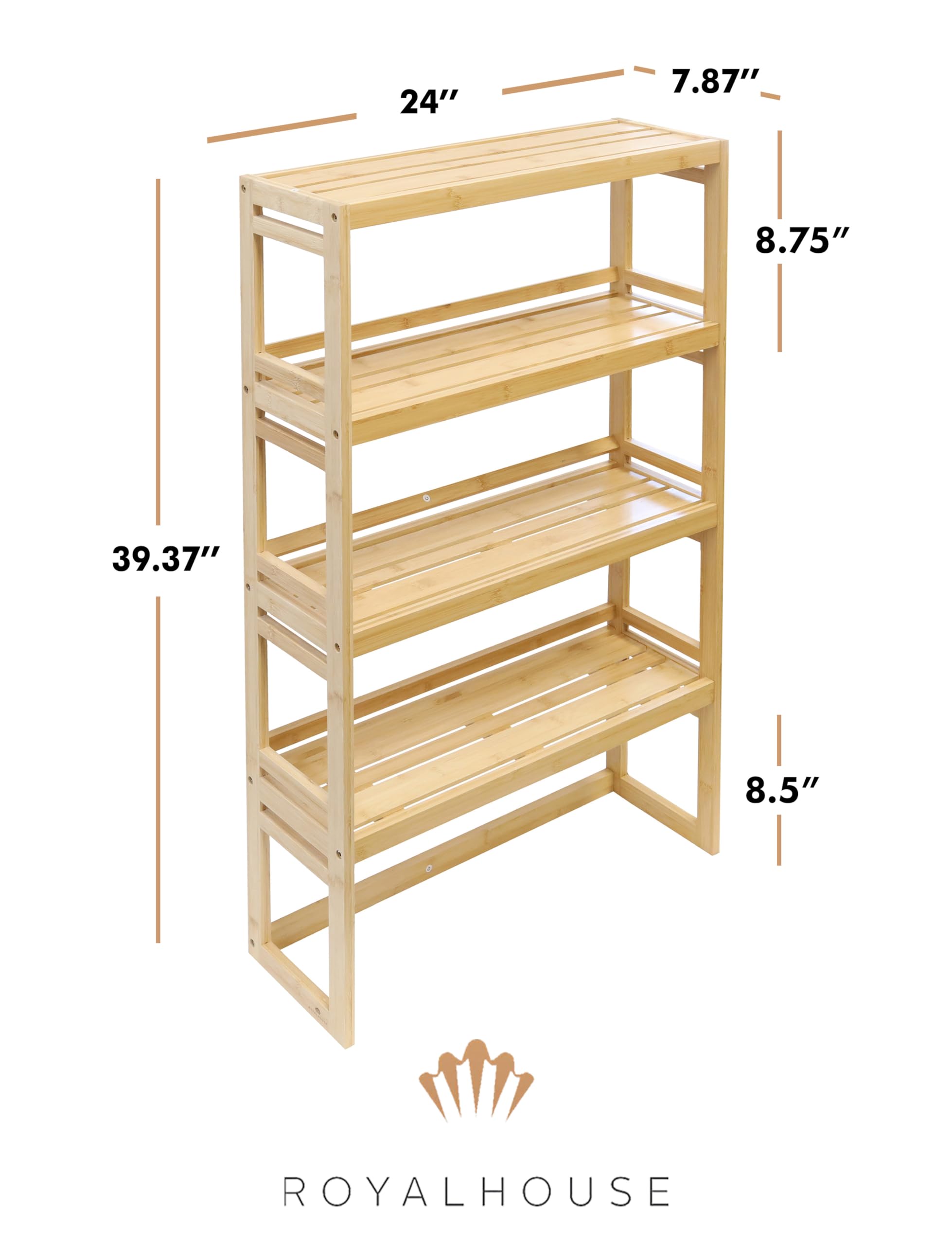 RoyalHouse Bamboo Rack, 4-Tier Shelving Unit, Perfect Storage Organizer for Bathroom, Living Room, Kitchen, Entryway, Closet