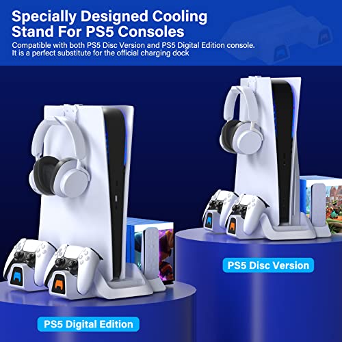 PS5 Stand and Cooling Station with Dual PS5 Controller Charging Station for Playstation 5 PS5 Console Disc/Digital Edition, PS5 Accessories, Cooling Fan, Headset Holder, 11 Game Slots, White