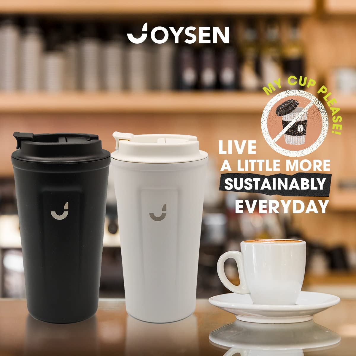 JOYSEN 17 oz Insulated Mug with Spill Proof Lid, Keeps Beverages Hot or Cold for Hours, Ideal for Commuters, Reusable Stainless Steel, Double Wall (Black)