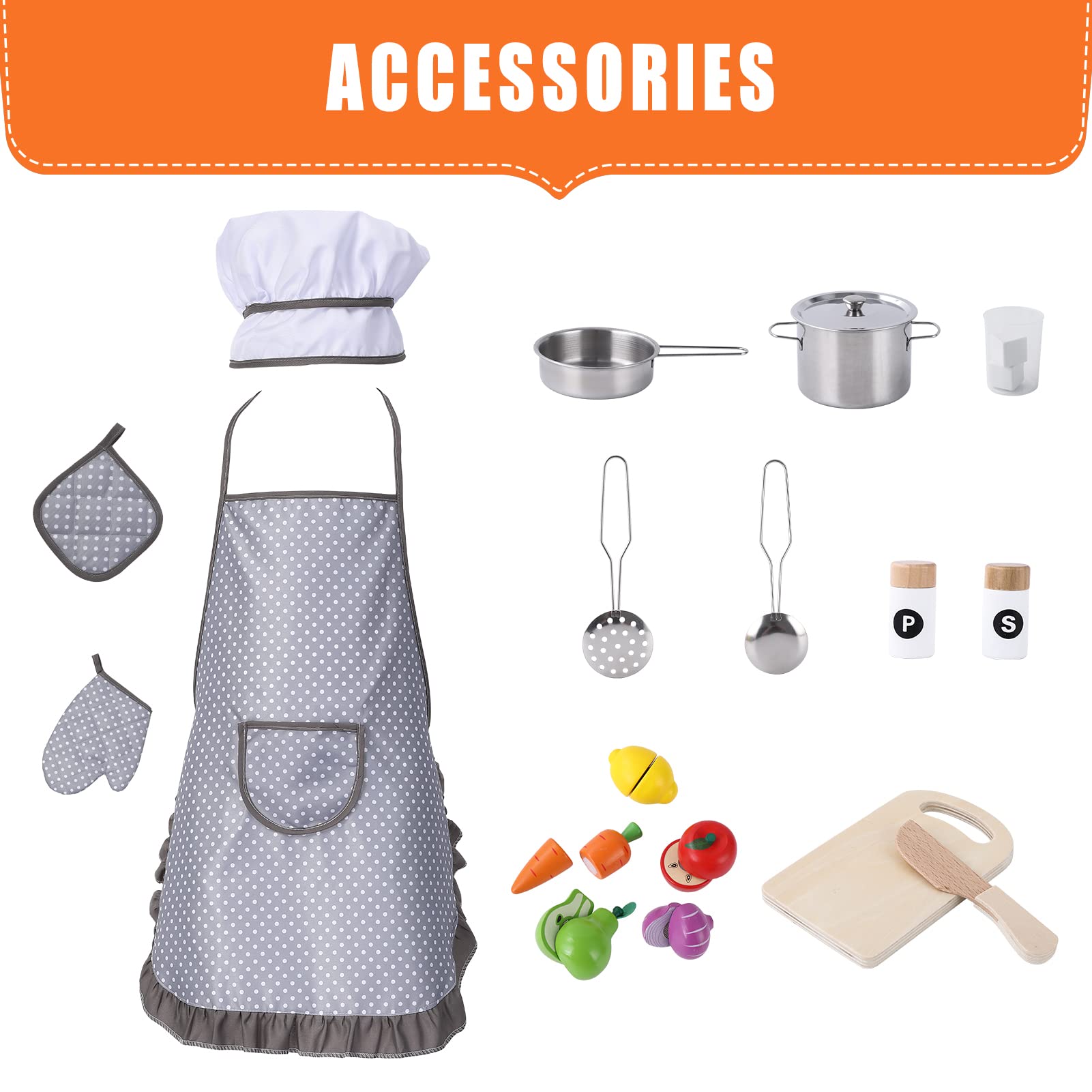 Kids Kitchen Playset, Wooden Chef Pretend Play Set with 20 PCS Cookware Accessories, Wooden Cookware Pretend with Ice Maker, Microwave, Oven, Range Hood, Sink, Real Lights & Sounds,Gray