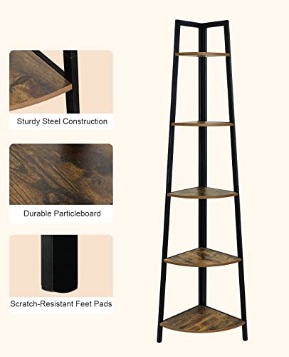 Pshelfy 5-Tier Corner Shelf, Rustic Corner Bookshelf Bookcase Multipurpose Corner Ladder Shelf Plant Stand for Living Room, Kitchen, Home Office Small Space (Brown)