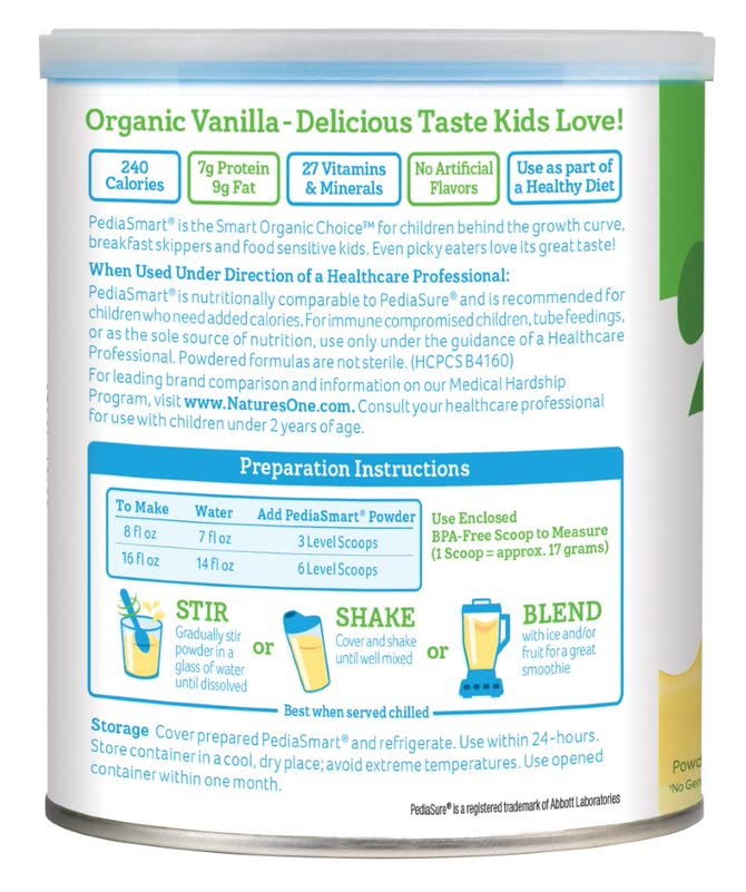 PediaSmart Organic Plant Based Pea Protein Vanilla Complete Nutrition Beverage Mix, 12.7 Oz (Pack of 2) | Non GMO | USDA Organic | Clean Label Project Verified