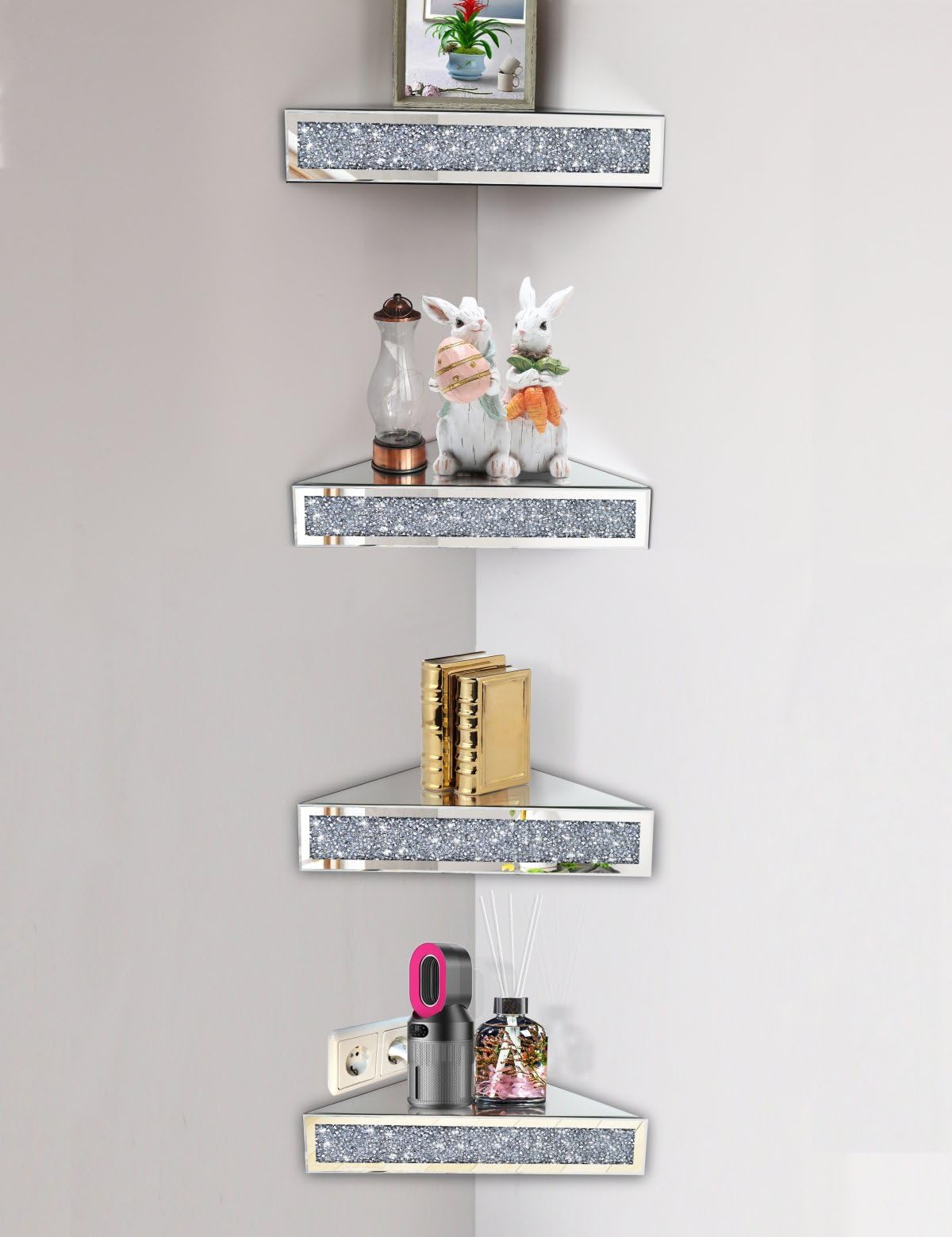 Mirrored Floating Conner Shelf, Silver Mirror Crushed Diamond Decorative Wall Shelf for Home Decoration Crystal Diamond Wall Art Decor Accent Piece Showcase 16.1" L×16.1" W×4.3" H, Set of 2