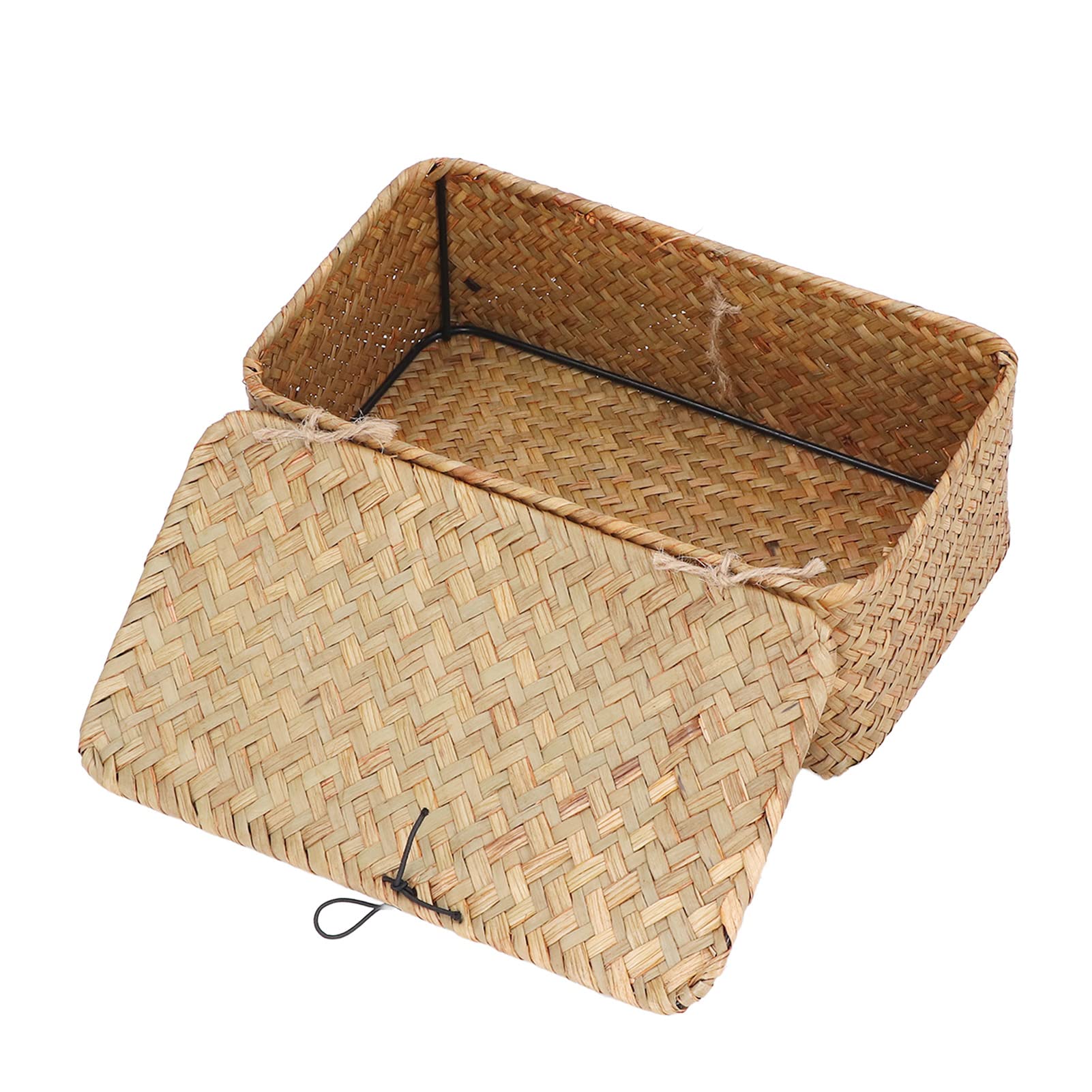 Jiawu Seagrass Baskets, Handwoven Seagrass Storage Bins with Lid, Multipurpose Rectangular Shelf Baskets, Household Boxes with Buckle, Small Rustic Container for Shelves Organizing (L)