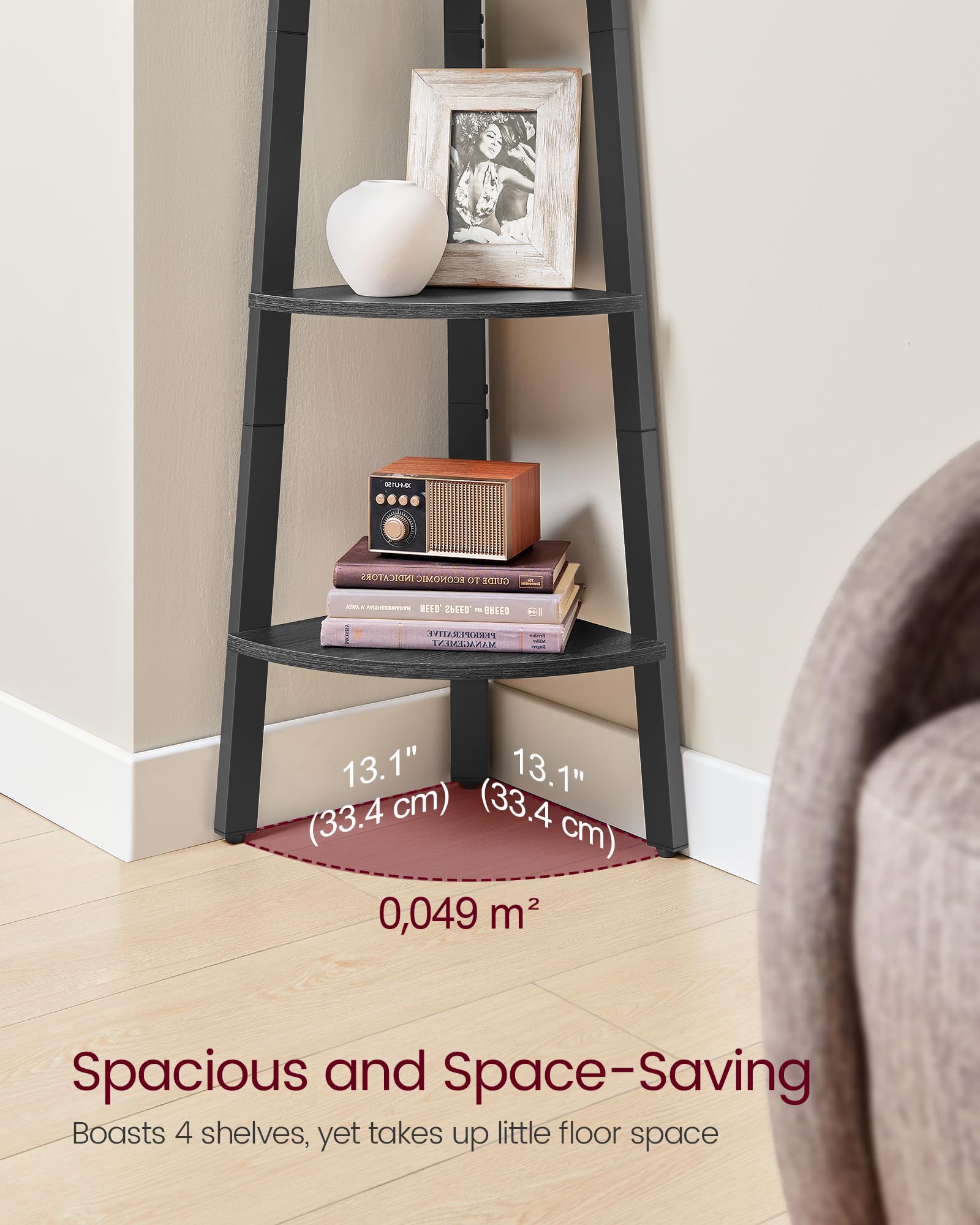 VASAGLE Corner Shelf Stand, 4-Tier Corner Bookshelf, Industrial Corner Ladder Shelf, Plant Stand Display Shelf for Living Room, Office, Kitchen, Charcoal Gray and Matte Black ULLS034B22