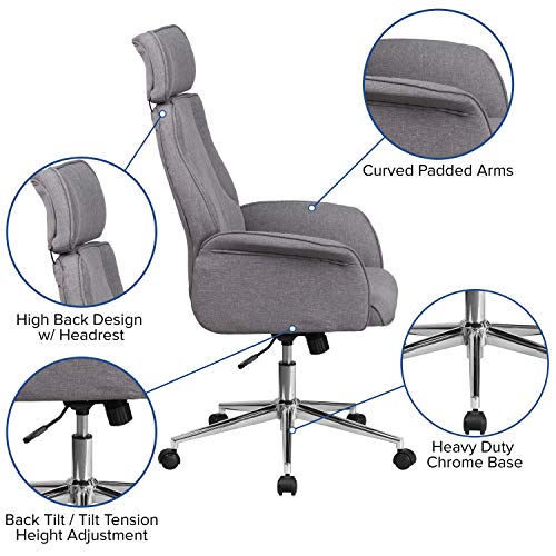 Flash Furniture High Back Gray Fabric Executive Swivel Office Chair with Chrome Base and Fully Upholstered Arms