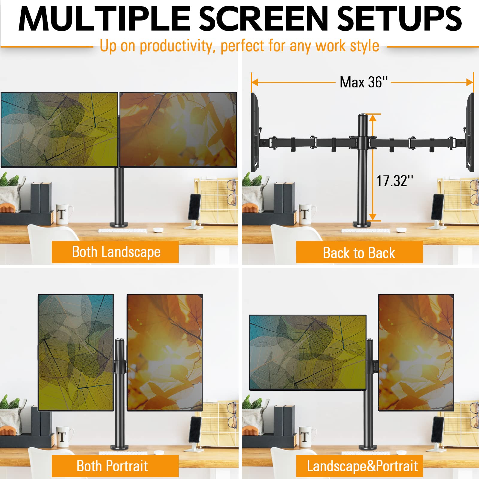 MOUNTUP Dual Monitor Stand + Full Motion Gas Spring Dual Monitor Desk Mount Bundle