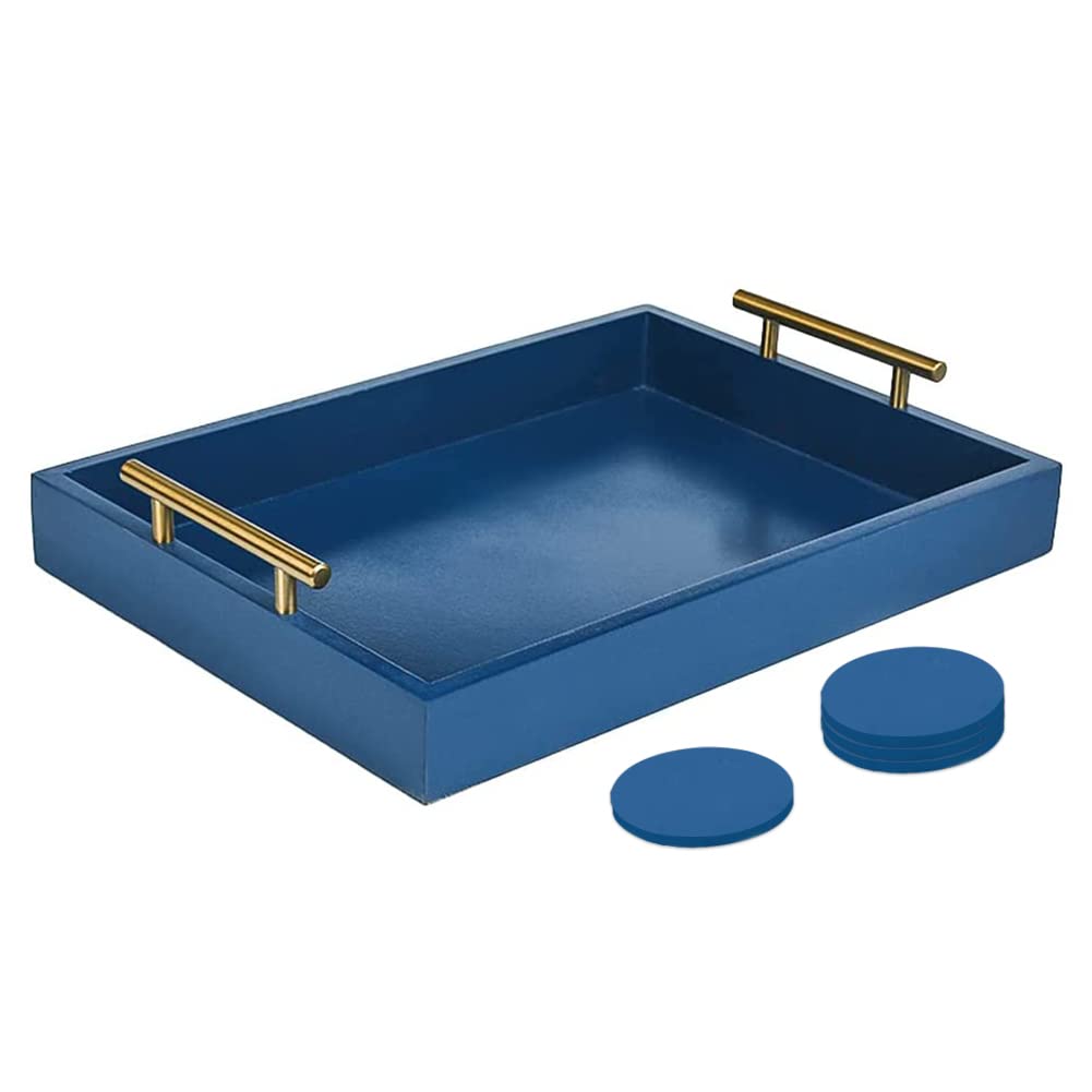 Juleduo Serving Tray 16.5“X 13“Deluxe Wooden Ottoman Tray for Coffee Table with Polished Silver Metal Handles and 4 Coasters, Living Room Bathroom Coffee Bar Organizer Modern Decorative Blue Tray