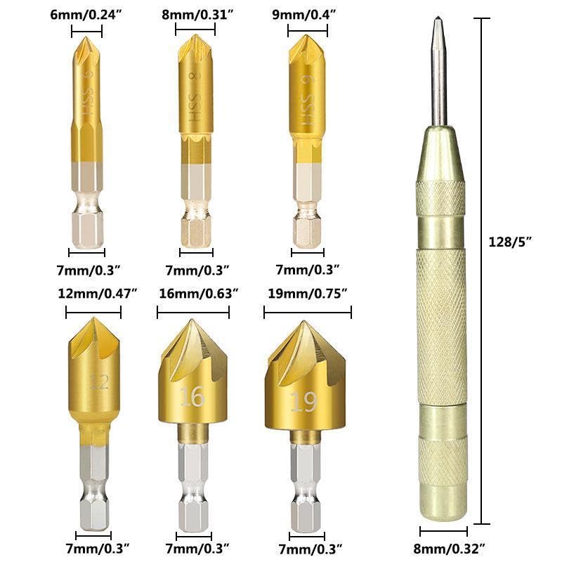 Rswilwy 40 Pack Woodworking Chamfer Drilling Tool, 6Pcs Countersink Drill Bits, 7Pcs Countersink Drill Bit, 8Pcs Wood Plug Cutter, 1Pcs Center Punch, 8Pcs Core Drill Bit Set & 8 Replacement Drill Bit