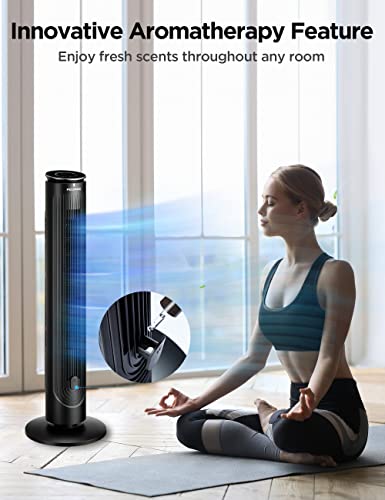 PELONIS 40''Oscillating Tower Fan | Remote Control, Black & 42ββ Oscillating Tower Fan with Aromatherapy Diffuser, Remote Control, 5 Speed Settings, Black