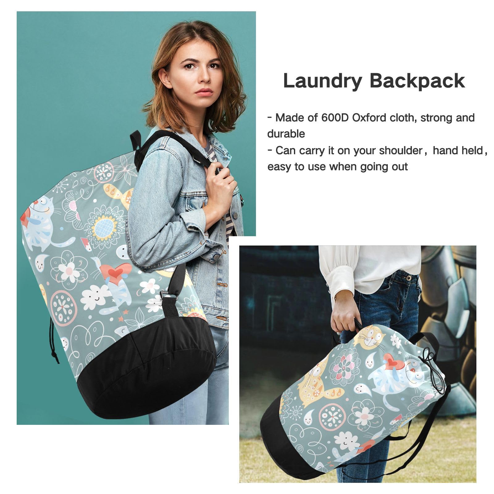 QwThum Laundry Bag Backpack,Travel Laundry Bags with Shoulder Straps Oxford Large Hanging Laundry Hamper Bag for College,Laundromat,Apartment Cute Cat