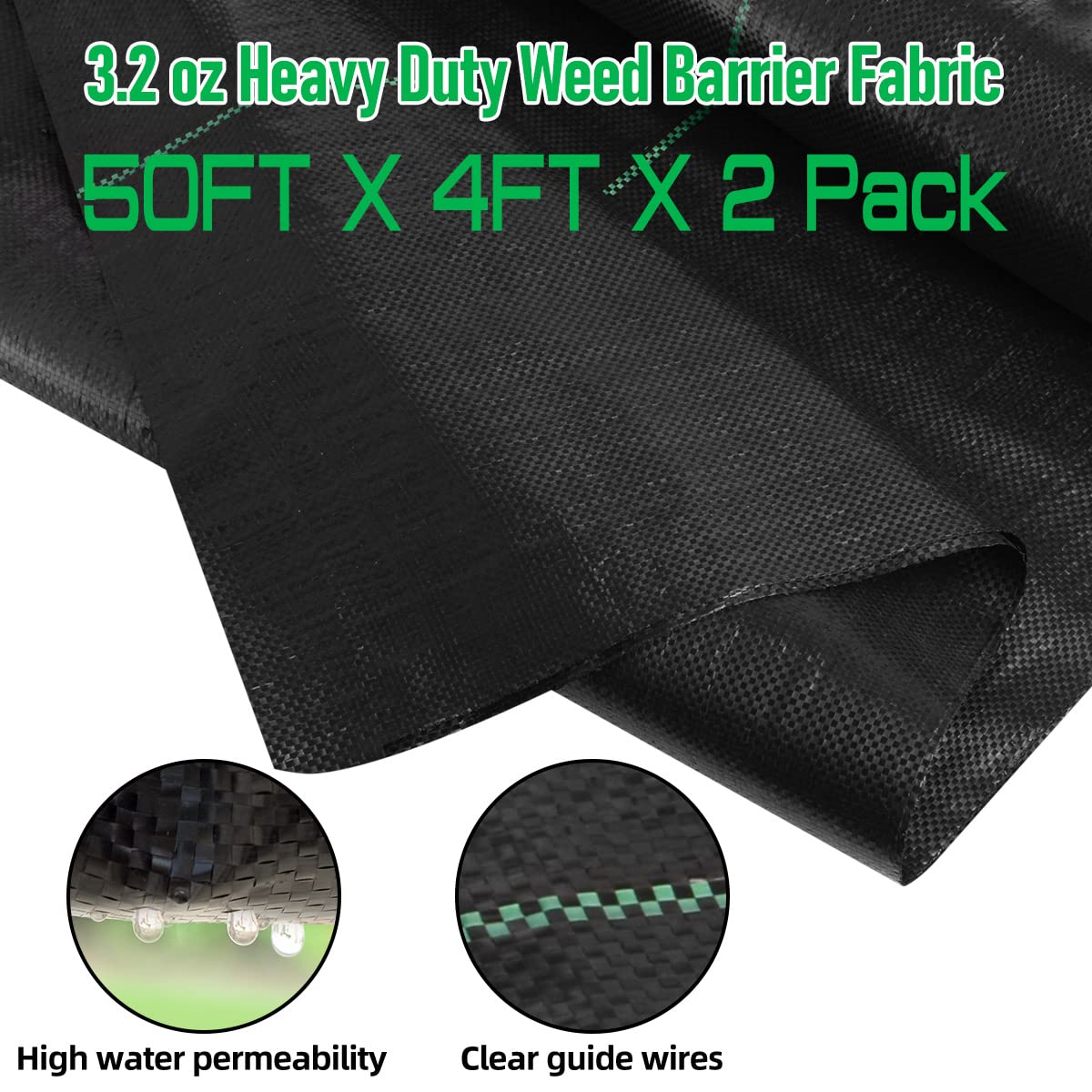 LAVEVE 4FT x 100FT Weed Barrier Landscape Fabric, 3.2oz Premium Heavy-Duty Gardening Weed Control Mat, Ground Cover for Gardening, Farming with 30 U-Shaped Securing Pegs(2 Pack 4x50FT)