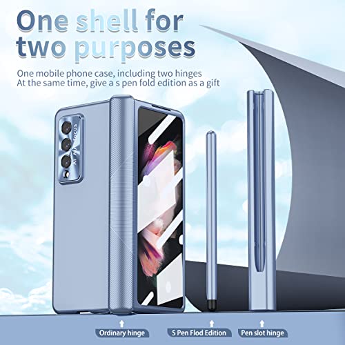 LOVE MEI for Samsung Galaxy Z Fold 4 Case, Z Fold 4 Case S Pen Holder with S Pen,Bulit -in Front Glass All Around Case + Camera Lens Protector for Galaxy Z Fold 4 5G (Blue)