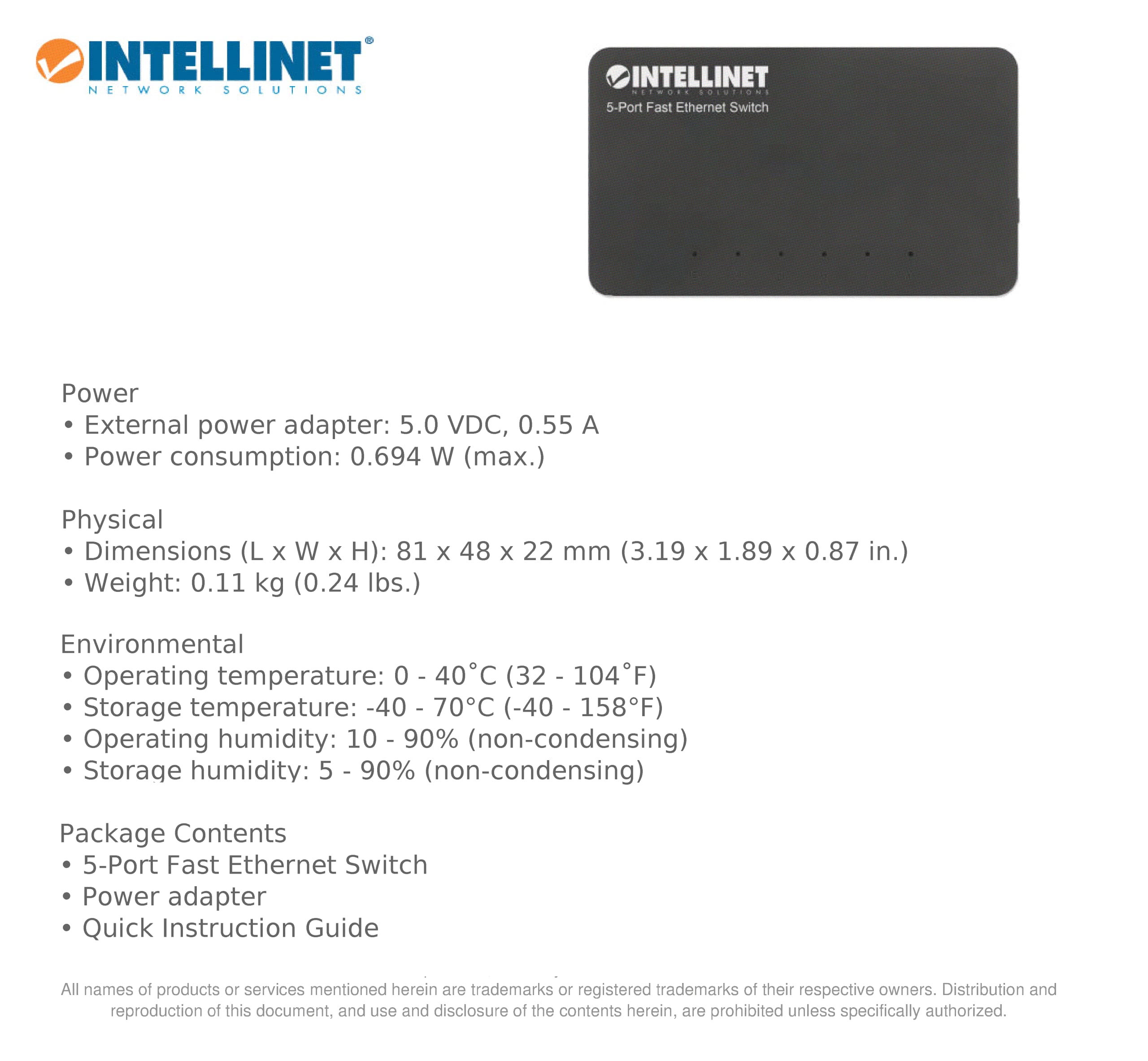 MANHATTAN Intellinet 5-Port Fast Ethernet Network Switch - Ethernet Splitter - Unmanaged | Plug & Plug| - for Computer Networking Hub, Desktop β 3 Mfg Yr Warranty β 561723