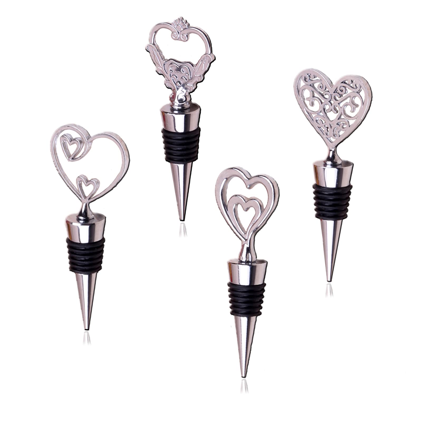 Love Wine Stoppers Cute Heart Shaped Wine Stopper Decoration Metal Zinc Alloy Wine Bottle Stopperr Reusable Wine and Beverage Stoppers (Set of 4)