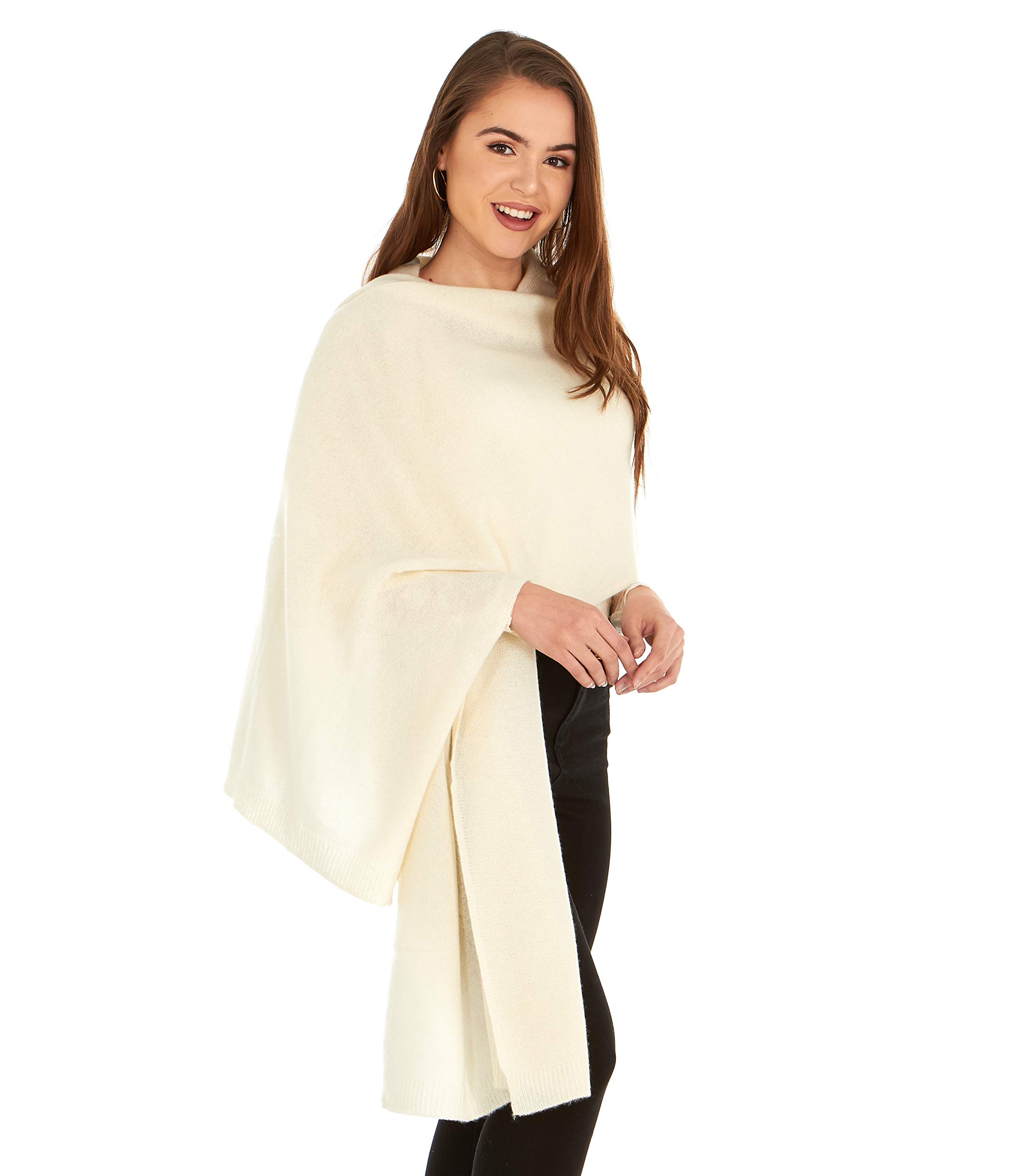 Manio Cashmere 100% Cashmere Knitted Wrap Pashmina Shawl Extra Large Scarf Stole for Women Travel (White)