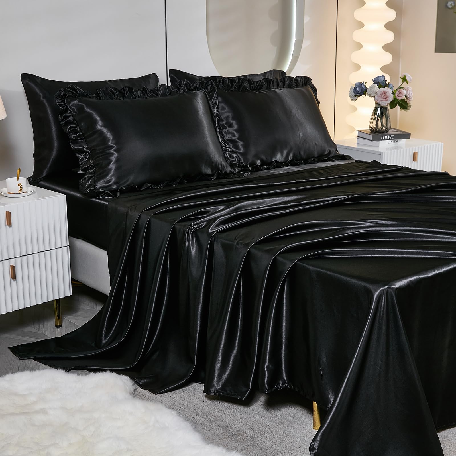 MOVE OVER Satin Comforter Set with Sheet Set Queen Size 8 Pieces Pink Satin Bed in a Bag Girly Waterfall Ruffled Design Pink Silk Comforter Set Luxury Silky Bedding Set for Bedroom