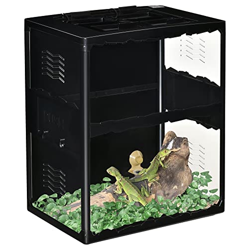 PawHut Reptile Glass Terrarium Tank, Breeding Box with Screen Ventilation, Lamp Holders, Hanging Basin for Lizards, Chameleon, Tortoise, 23.5" x 16" x 28"