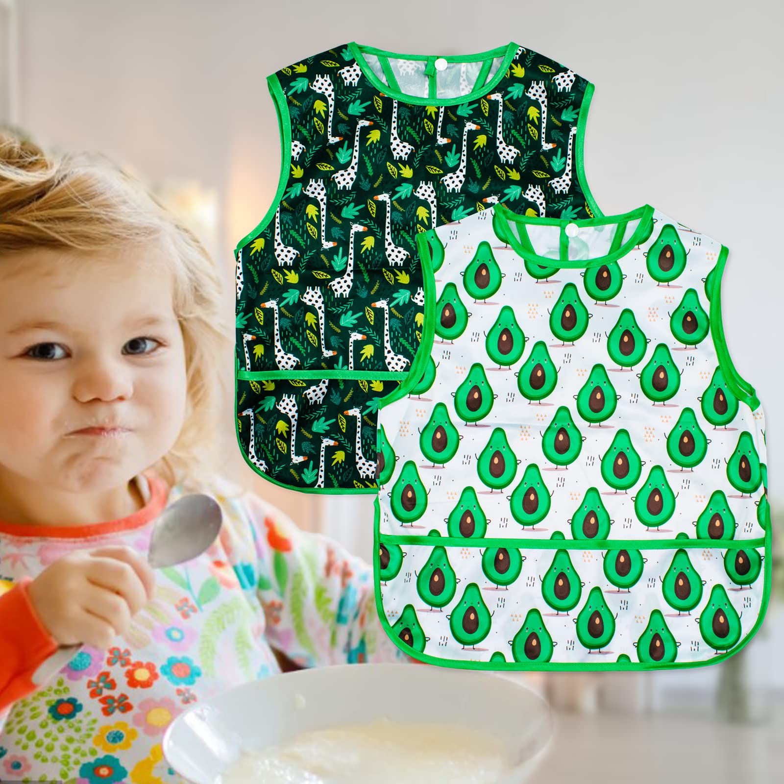 Mumsbest Waterproof Bib for Baby, 2 Pack Toddler Feeding Smock Bibs for Eating with Food Catcher & 1 Wet Bag (L：2-4Years, Green)