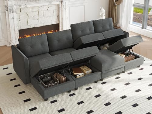 LLappuil Modular Sofa Sectional Sleeper Couch with Reversible Chaise, Oversized 8 Seater Storage Sectionals with Ottoman, Black