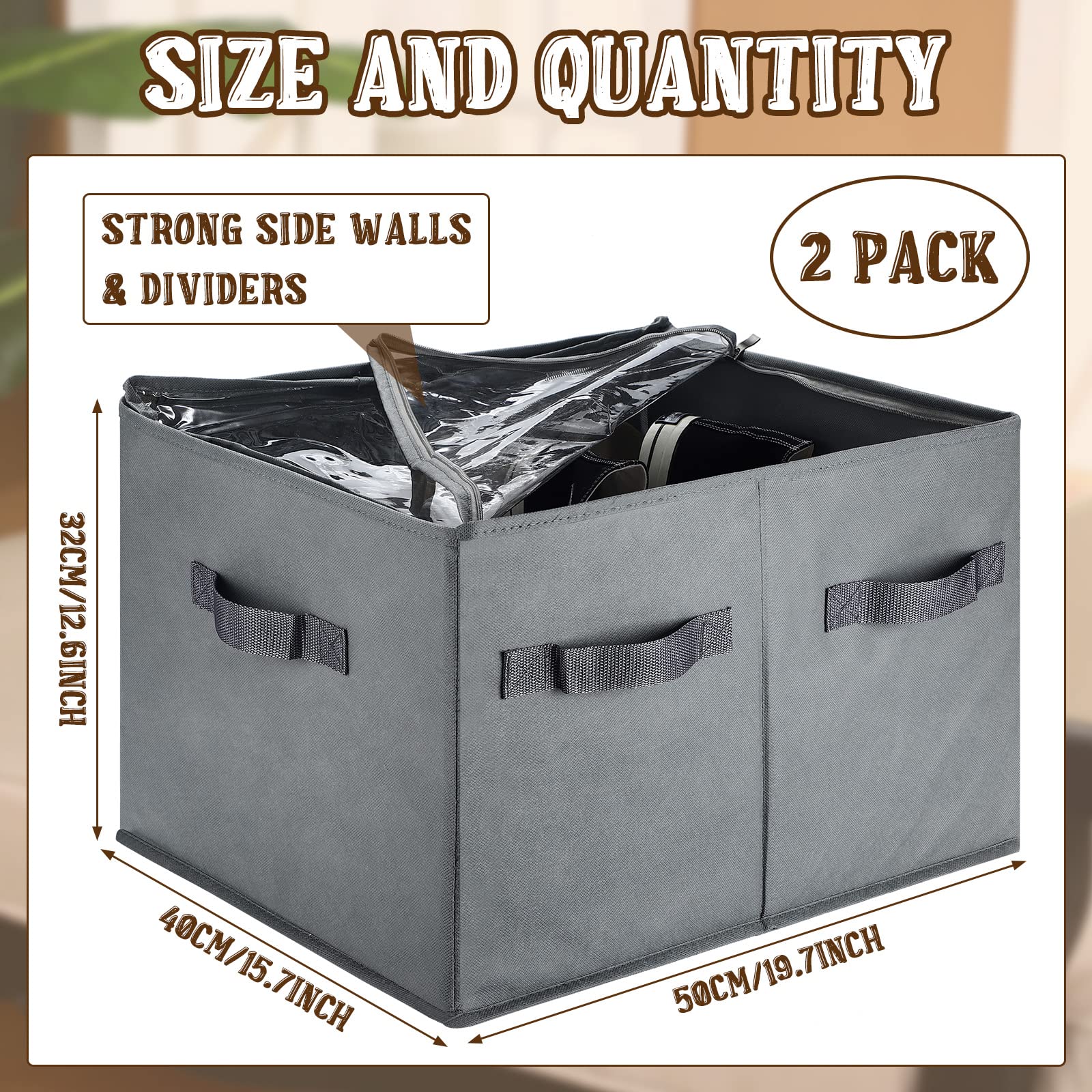 Irenare 2 Pcs Shoe Organizer for Closet Large Shoe Box Fits Total 24 Pairs Storage Containers Gray Boot Storage Shoe Bin for Entryway with Adjustable Dividers Clear Cover Handles