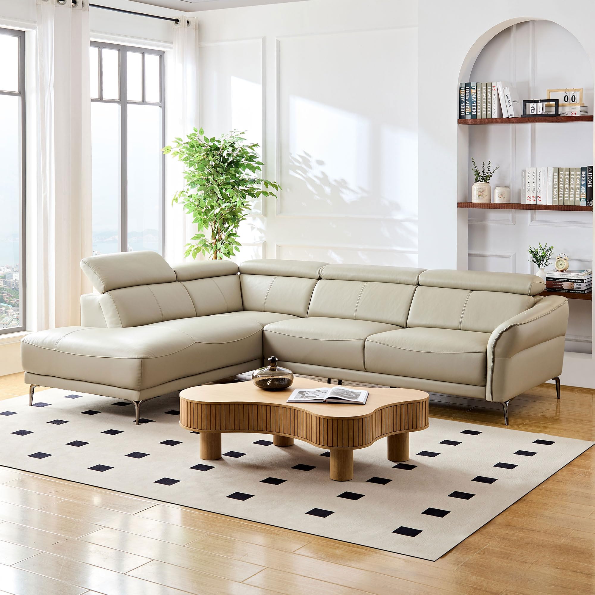 Plococo 111.41 inch Genuine Leather Sofa Couch, Modern Design L Shaped Leather Sofa Adjustable Headrests Couch for Living Room (Beige Grey, Left Chaise)