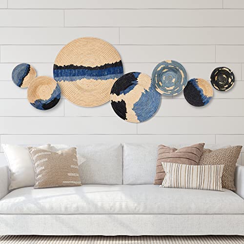 KAZI Decorative Baskets, Wall & Home Decor, Fruit Bowl and Storage Basket, Artisan-made with Raffia, Eco-friendly by African Artisans, Set of 7 (Coastal Blues - Grand Wall Statement Set)