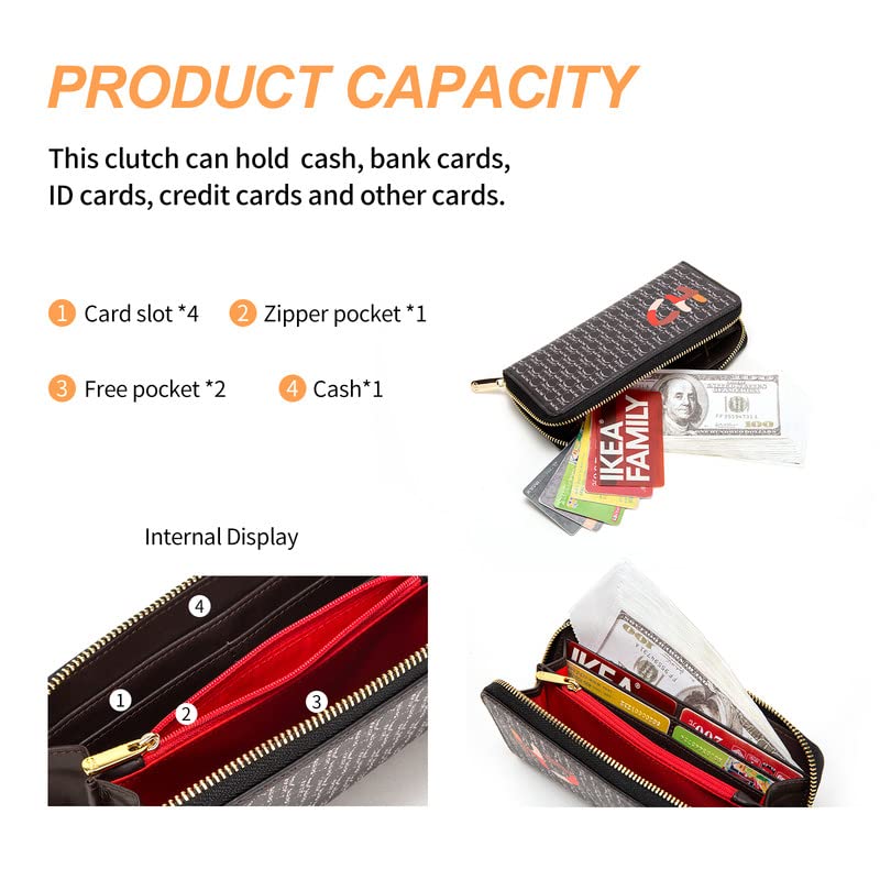 Long wallet card printing clutch zipper mobile phone bag purse (Black)