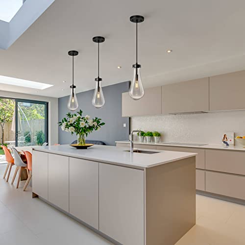 LIANGMH Raindrop Pendant Lights Kitchen Island Set of 3 Teardrop Black Hanging Light Fixtures Clear Solid Glass Pendant Light Modern Chandeliers for Dining Room Porch Corridor Living Room