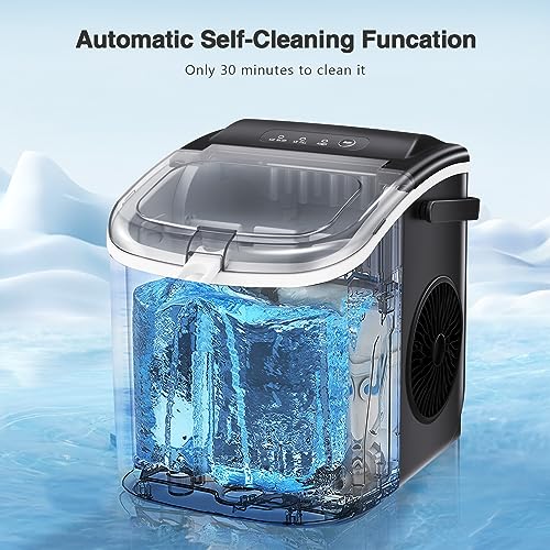 R.W.FLAME Ice Makers Countertop,Ice Maker 6 Minutes 9 Ice Cubes 24 Hours 26 lbs Self-Cleaning Portable Ice Maker with Handle and Ice Scoop, Ice Maker for Home/Office/RV/Party(Black)
