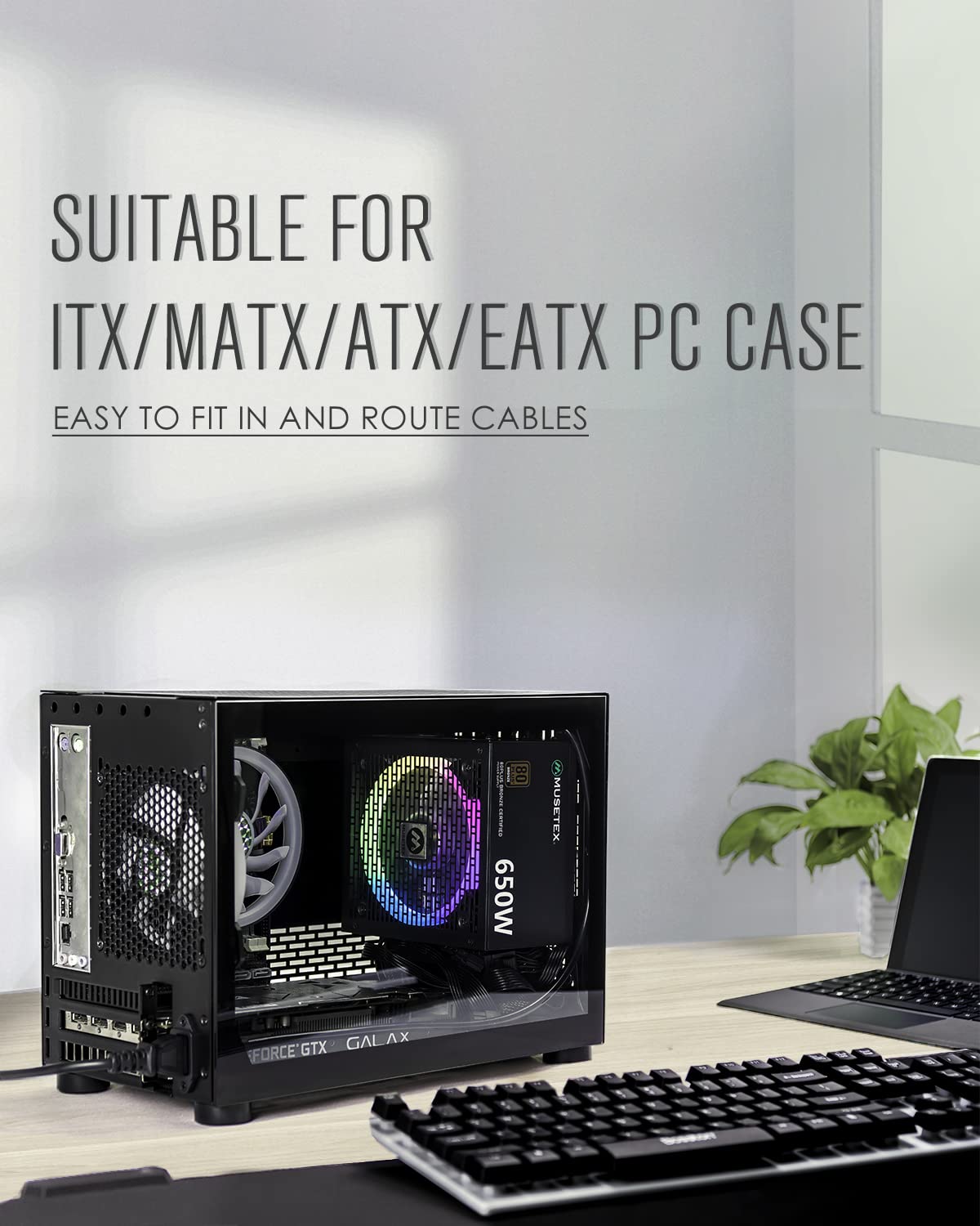 MUSETEX Power Supply, 650W RGB PC PSU,80+ Bronze Certificated Non Modular ATX Power Supply, Multi Connectors, 120mm Ultra Quiet Cooling Fan, Computer Power Supply, Black(MU650)