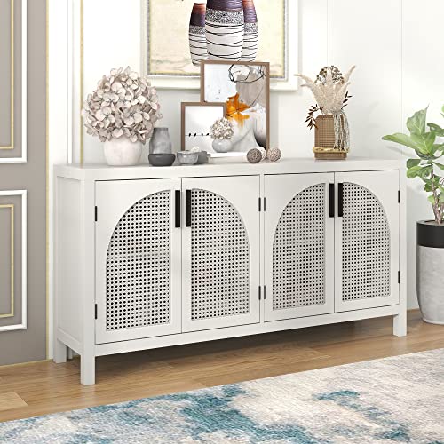 Merax White Wood Farmhouse Buffet Sideboard Rattan Door Coffee Bar Storge Cabinet Console Table for Living Room Bedroom Kitchen, Type 1