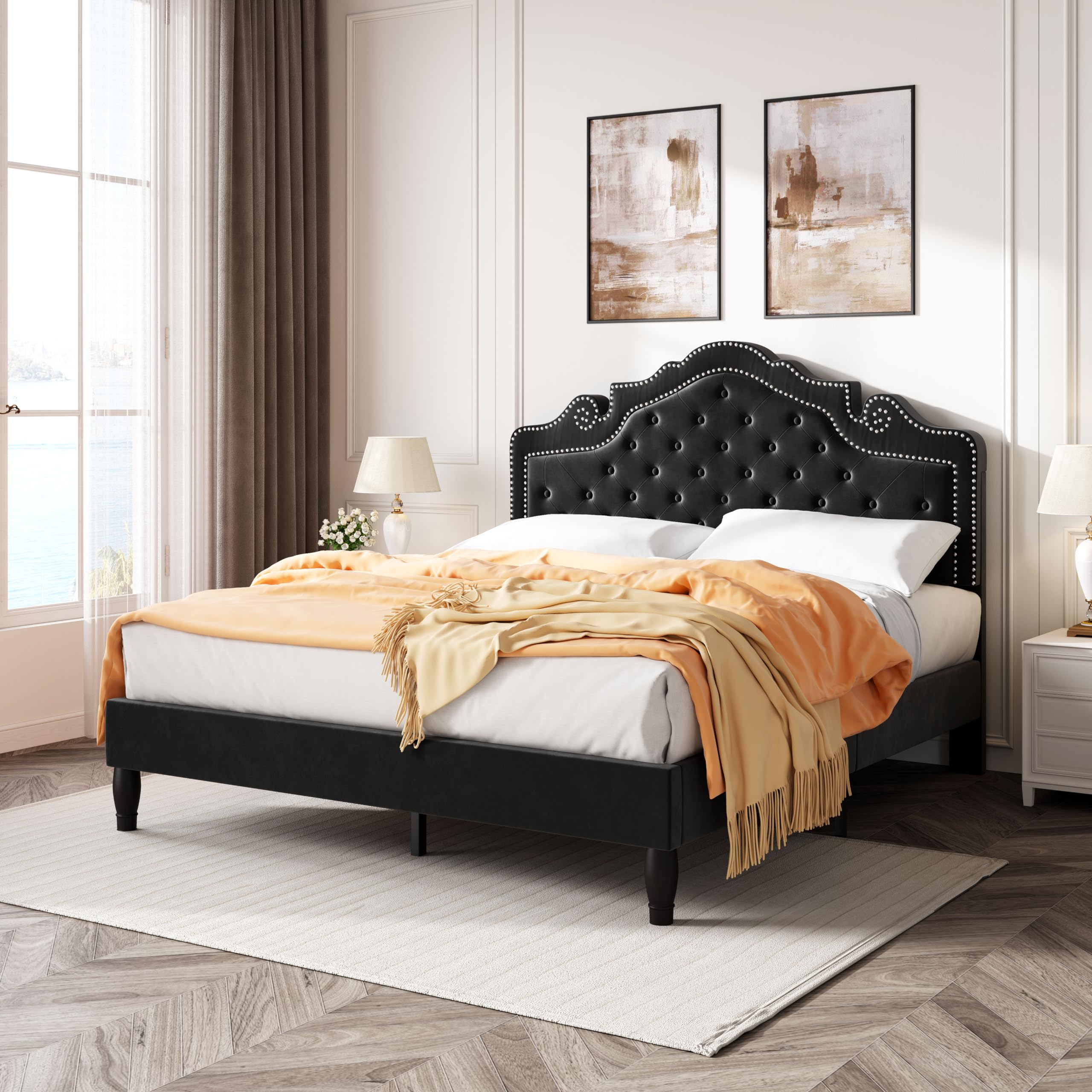 SHA CERLIN Queen Bed Frame with Adjustable Headboard/Velvet Upholstered/Diamond Button Tufted and Metal Studs/No Box Spring Needed/Wood Slat Support/Easy Assembly/Black