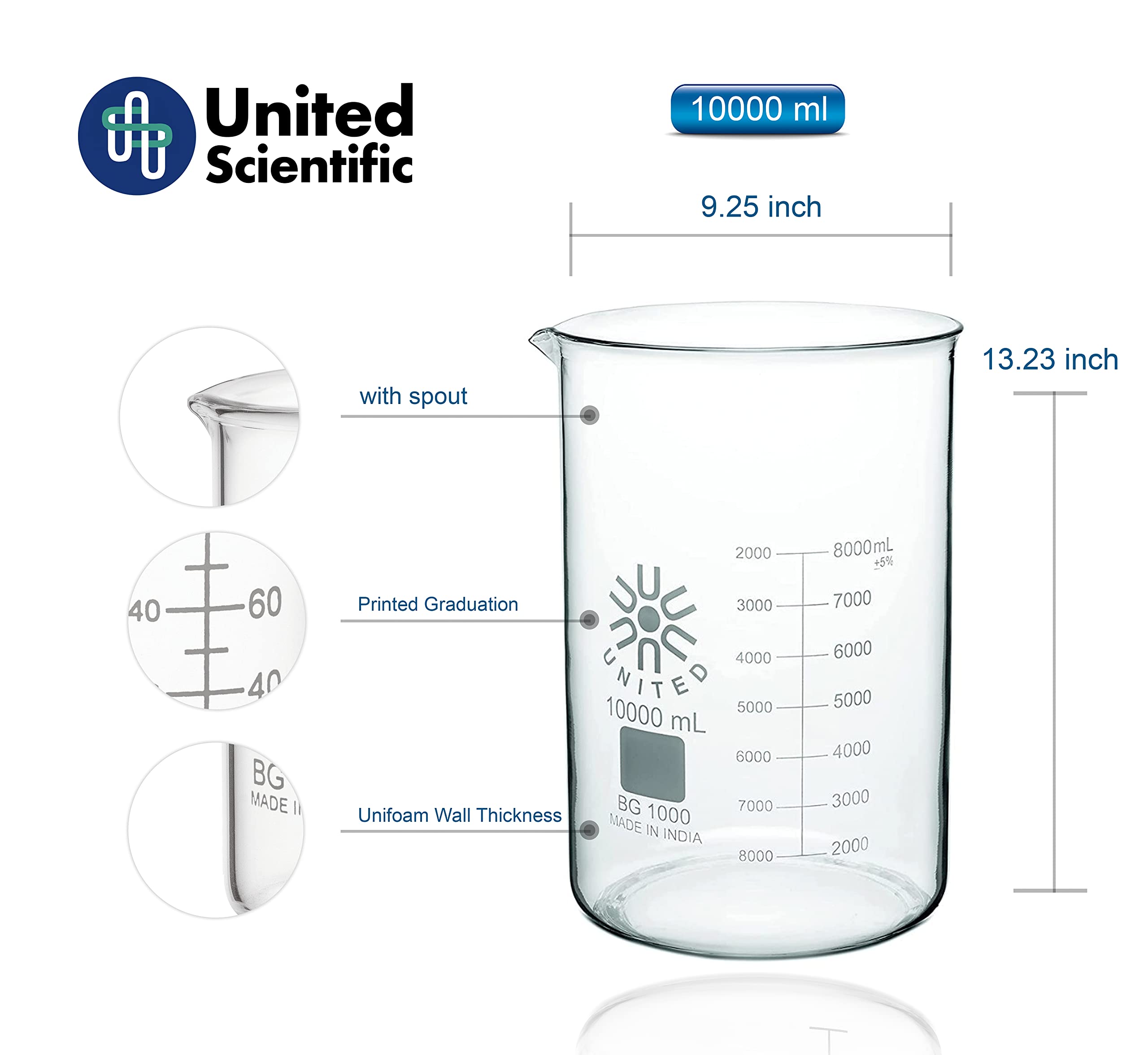 United Scientific™ BG1000-10000 Borosilicate Laboratory Grade Glass Beakers| Griffin Style Low Form Beaker | Graduated with Spout | Designed for Laboratories & Chemistry Classrooms| 10000mL Capacity