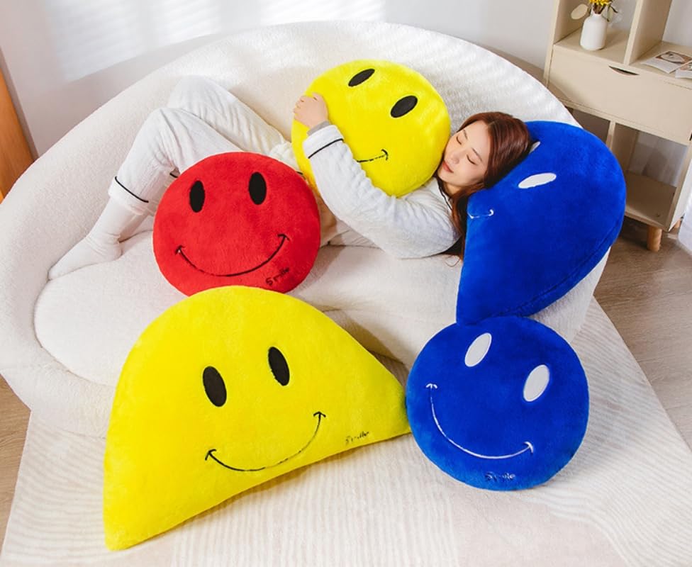 Round Shaped Throw Pillow, Smiling Face Plush Sofa Pillow Decorative Pillow Cushion for Children's Bed,Gift for Boys & Girls (Blue)