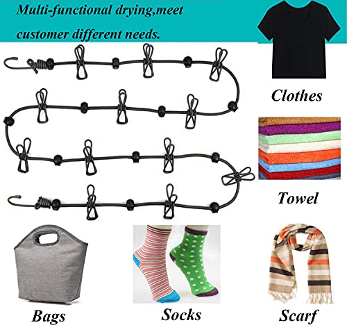 Portable Clothesline with 12pcs Clips, 3 Pack Windproof Travel Camping Clothes line Retractable Elastic Laundry Drying Clothes Line for Backyard, Hotel, Outdoor and Indoor Use(Black+Blue+Purple)