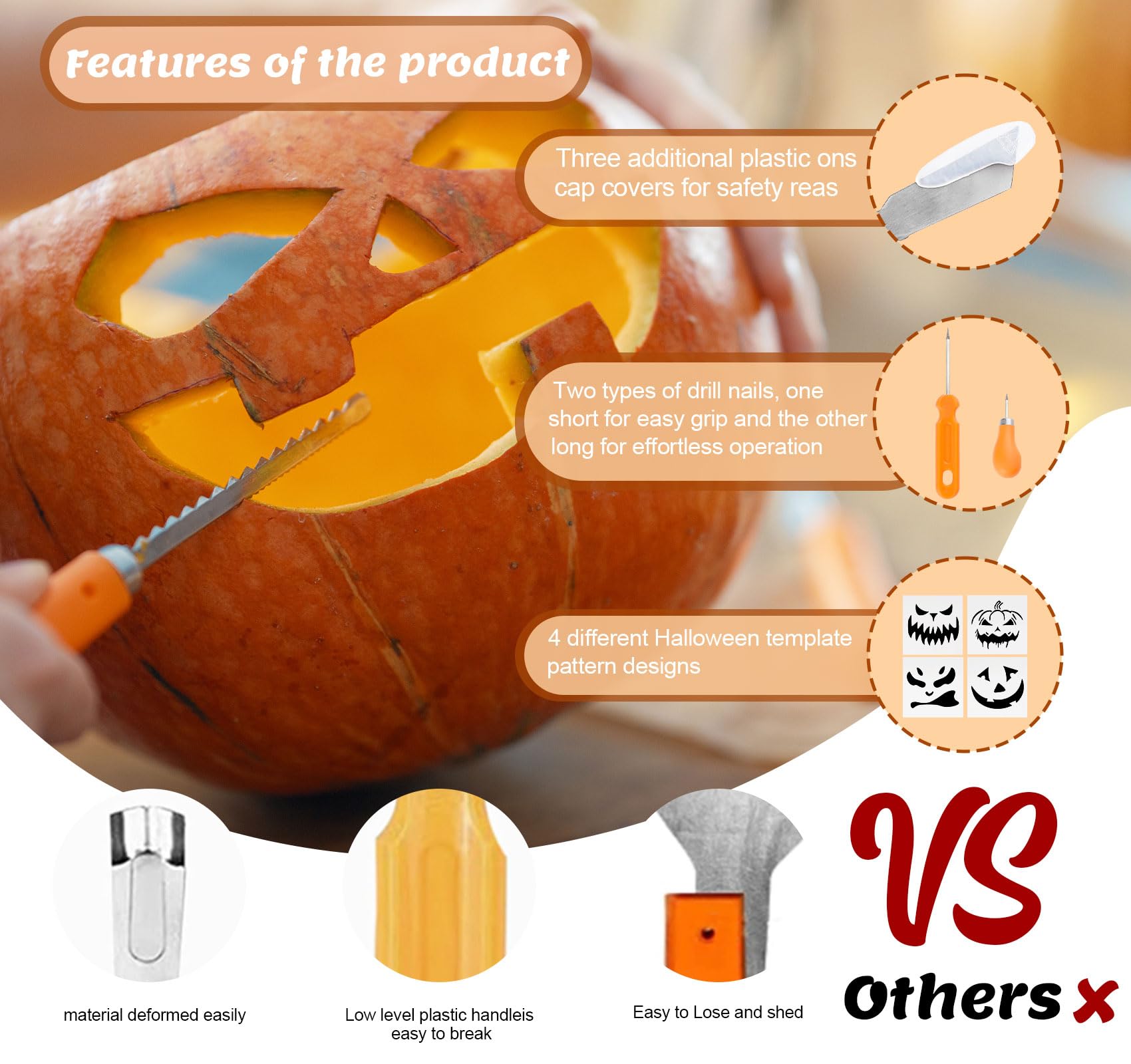 Pumpkin Carving Kit Halloween, 8 PCS Professional Heavy Duty Pumpkin Carving Tools with 4 Pumpkin Carving Stencils,Stainless Steel Pumpkin Carving Tools for Halloween Decoration with Thick Handbag