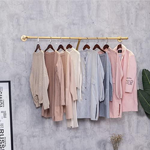 MDEPYCO Industrial Pipe Wall Mounted Towel Clothing Hanging Shelves System,Vintage Laundry Room Storage Rod,Metal Garment Rack for Clothes Retail Display Stand (71" L x 11.8" D, Gold)