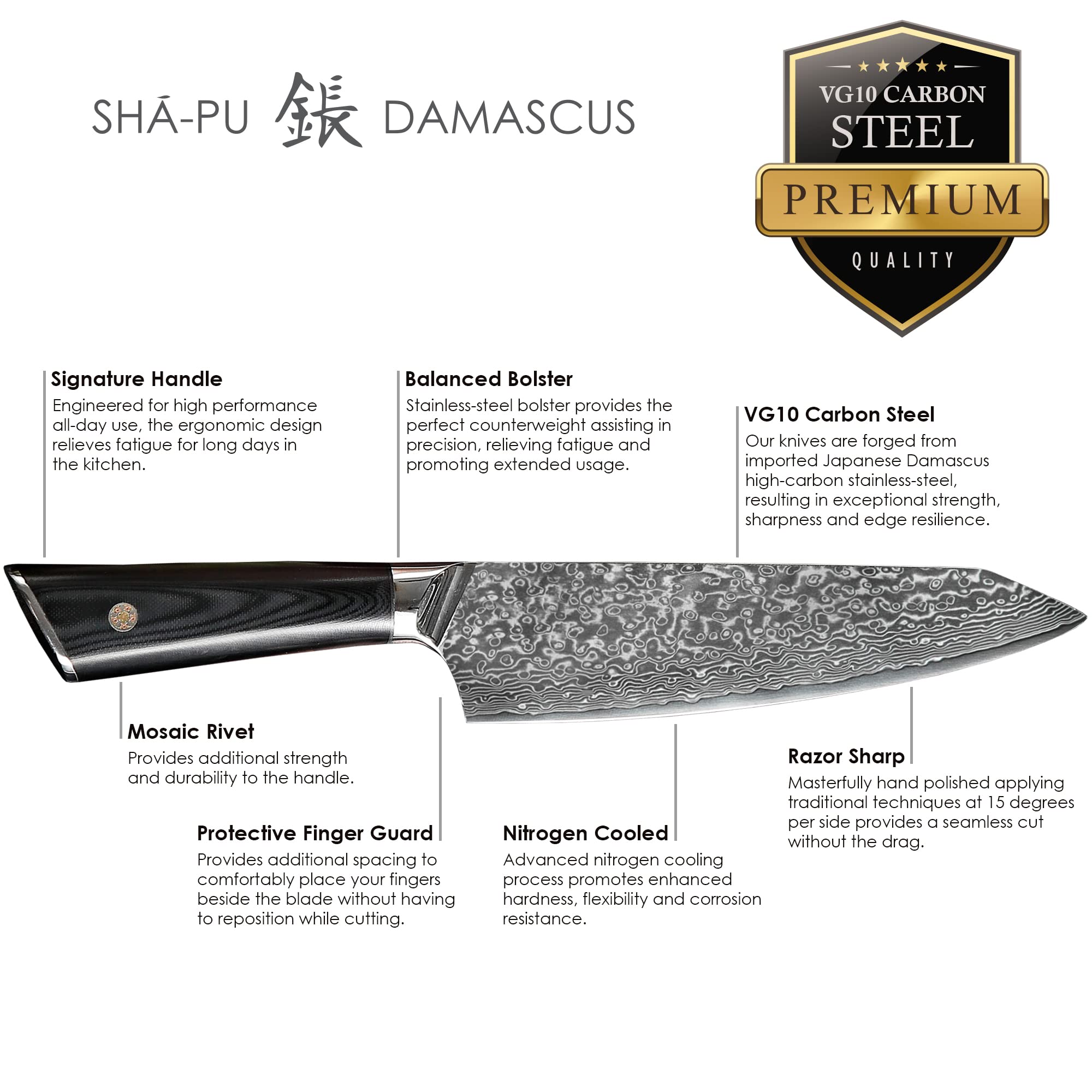 SHA-PU Damascus Steel 6 Piece Kitchen Knife Set including Shears and Wood Block