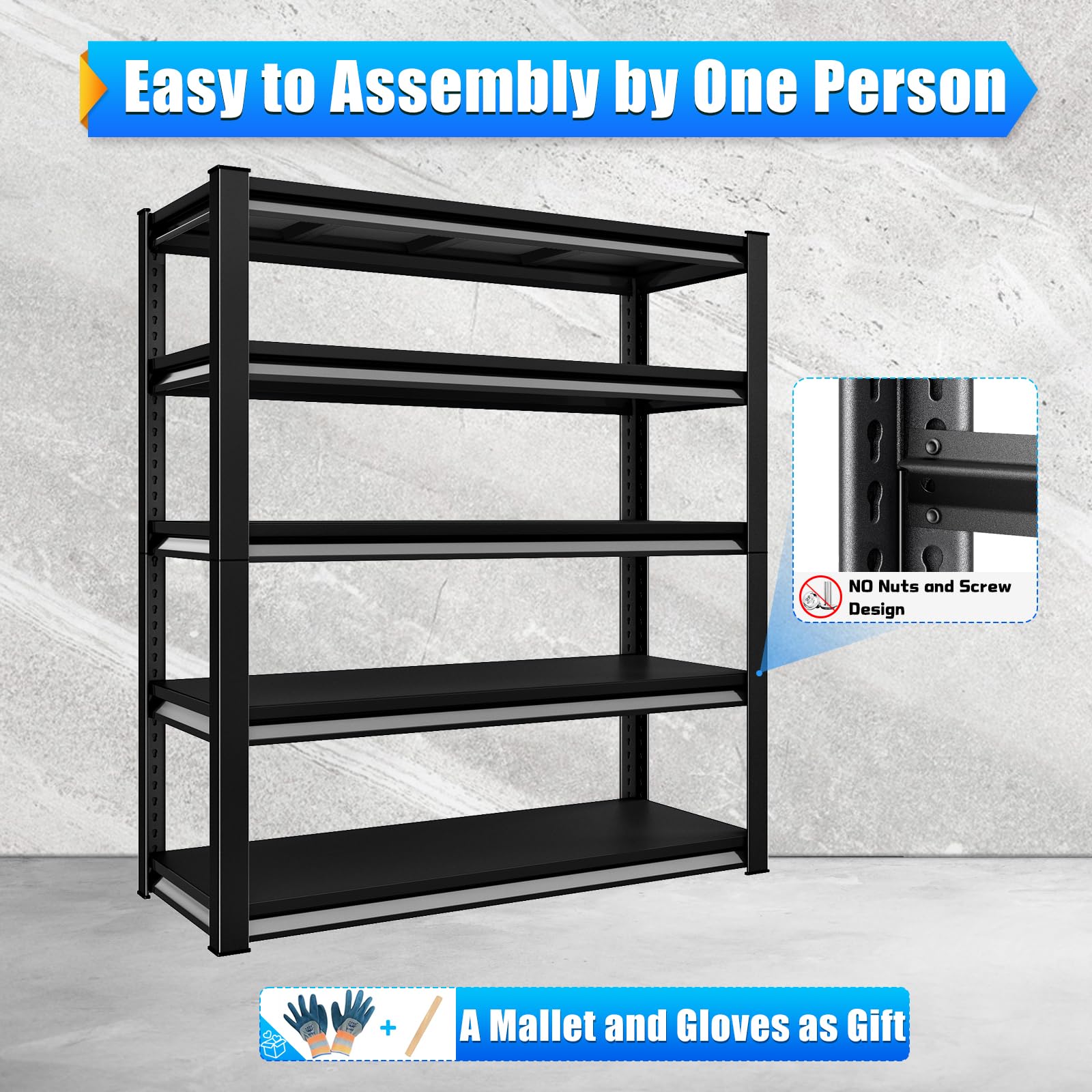 Rufokisa 48" W Garage Shelving Heavy Duty,2800LBS Loads Adjustable Garage Storage Shelves,5-Tier Metal Storage Racks and Shelving Units, Utility Rack Shelves,48”W x 18”D x 78”H,Black